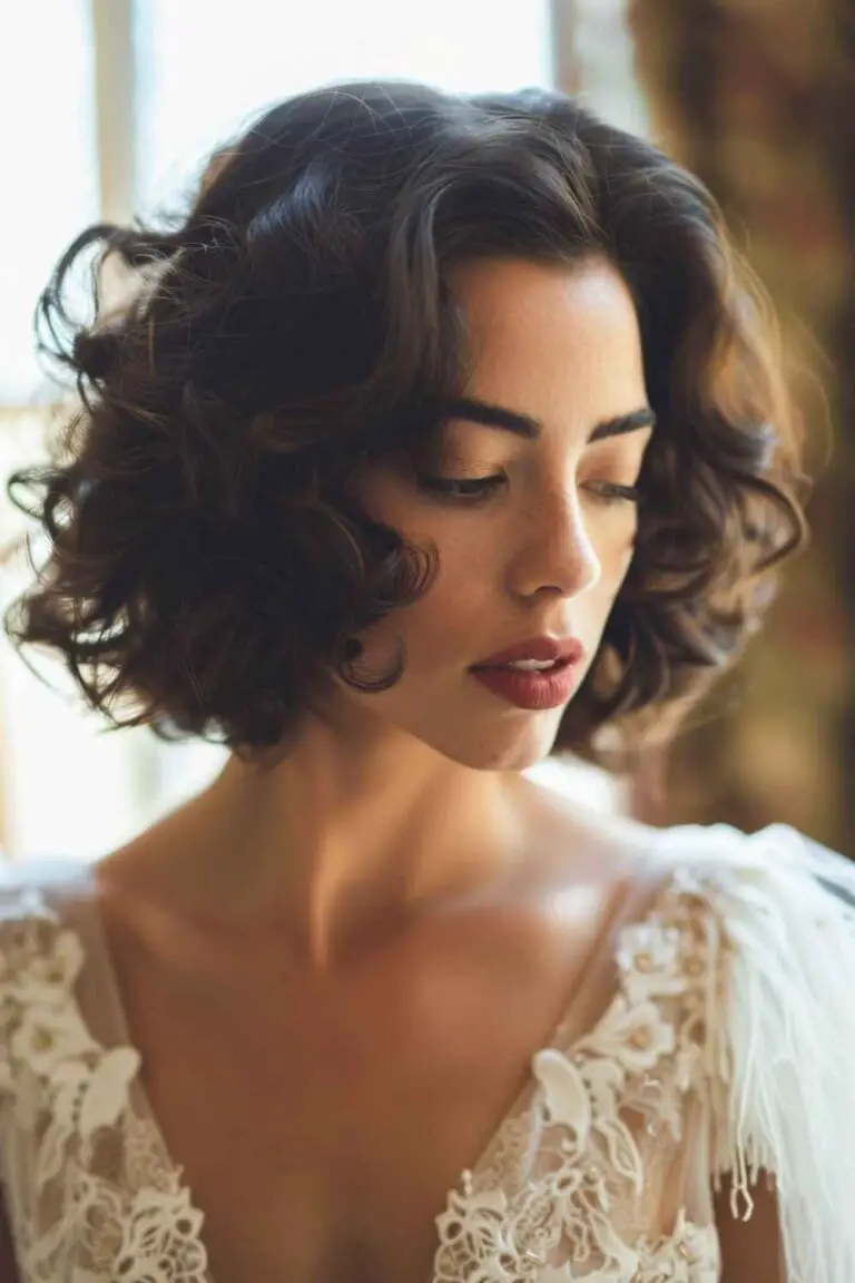Bridal Elegance with a Curly Bob - HandsomeWedding