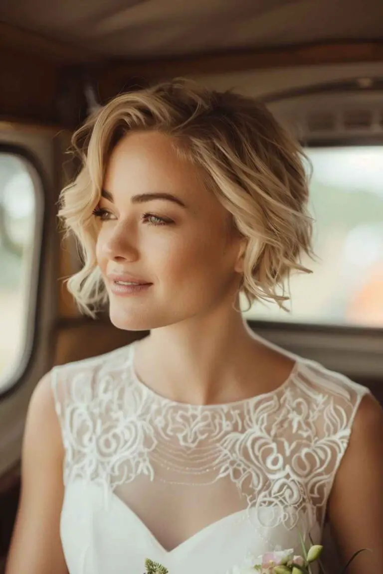 Bridal Elegance with a Curly Bob - HandsomeWedding