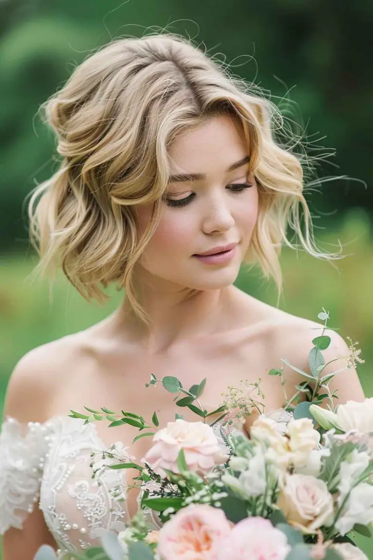 Bridal Elegance with a Curly Bob - HandsomeWedding